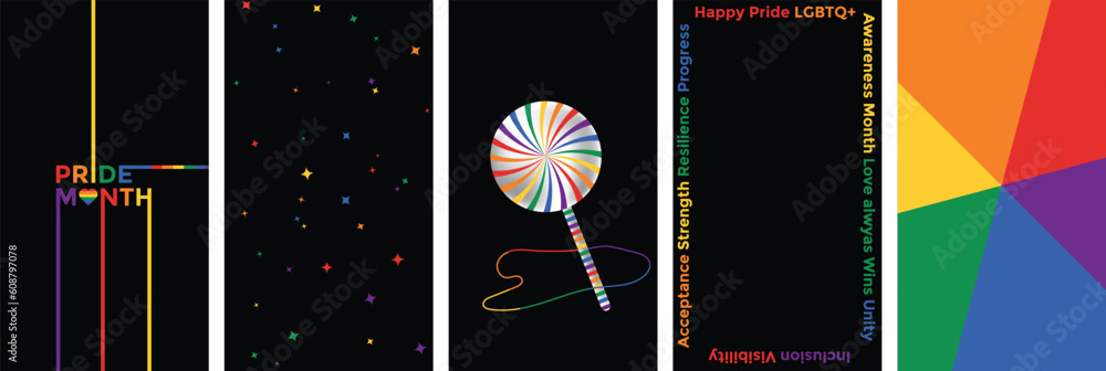 LGBT Pride month story set of 5.Vector Black background.Colorful.Social ...