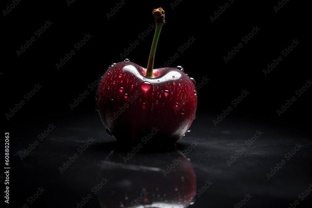 A singular perfect Cherry sitting on a shiny surface with a black ...