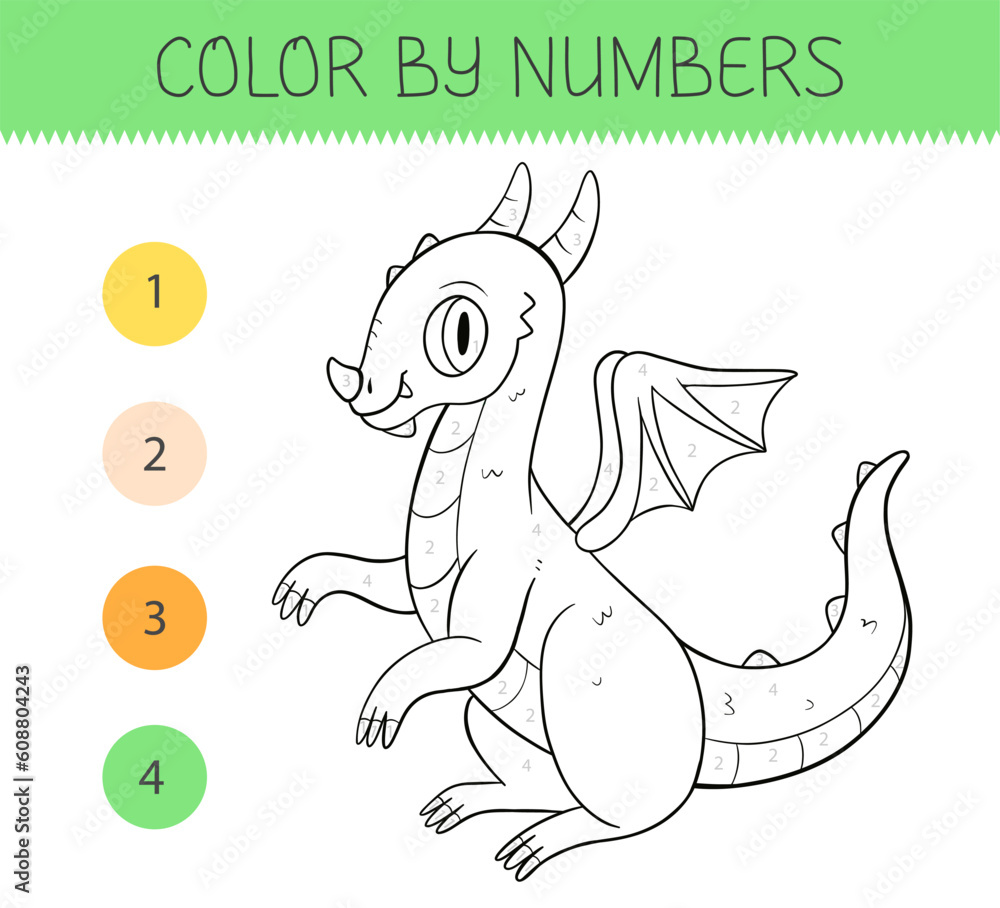 Color by numbers coloring book for kids with cute dragon. Coloring page ...