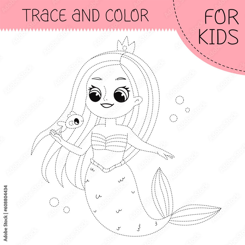 Trace and color coloring book with mermaid for kids. Coloring page with ...