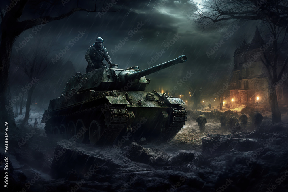 panzer in battle during night, war, soldiers, generative ai Stock ...