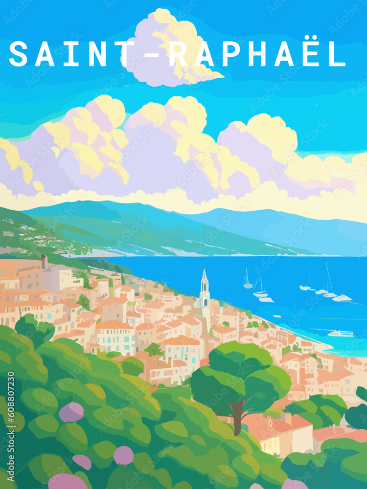 Saint-Raphaël: Retro tourism poster with a French landscape and the ...