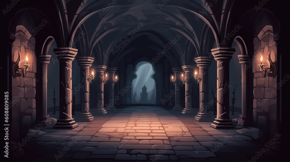 Dark Dungeon. Long medieval castle corridor with torches. Interior of ...