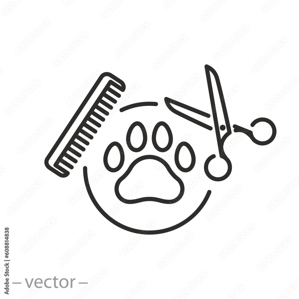 animal grooming salon icon, pet grooming, dog or cat paw, scissors with ...