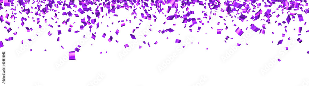 Falling violet cut out foil ribbon confetti background with space for ...