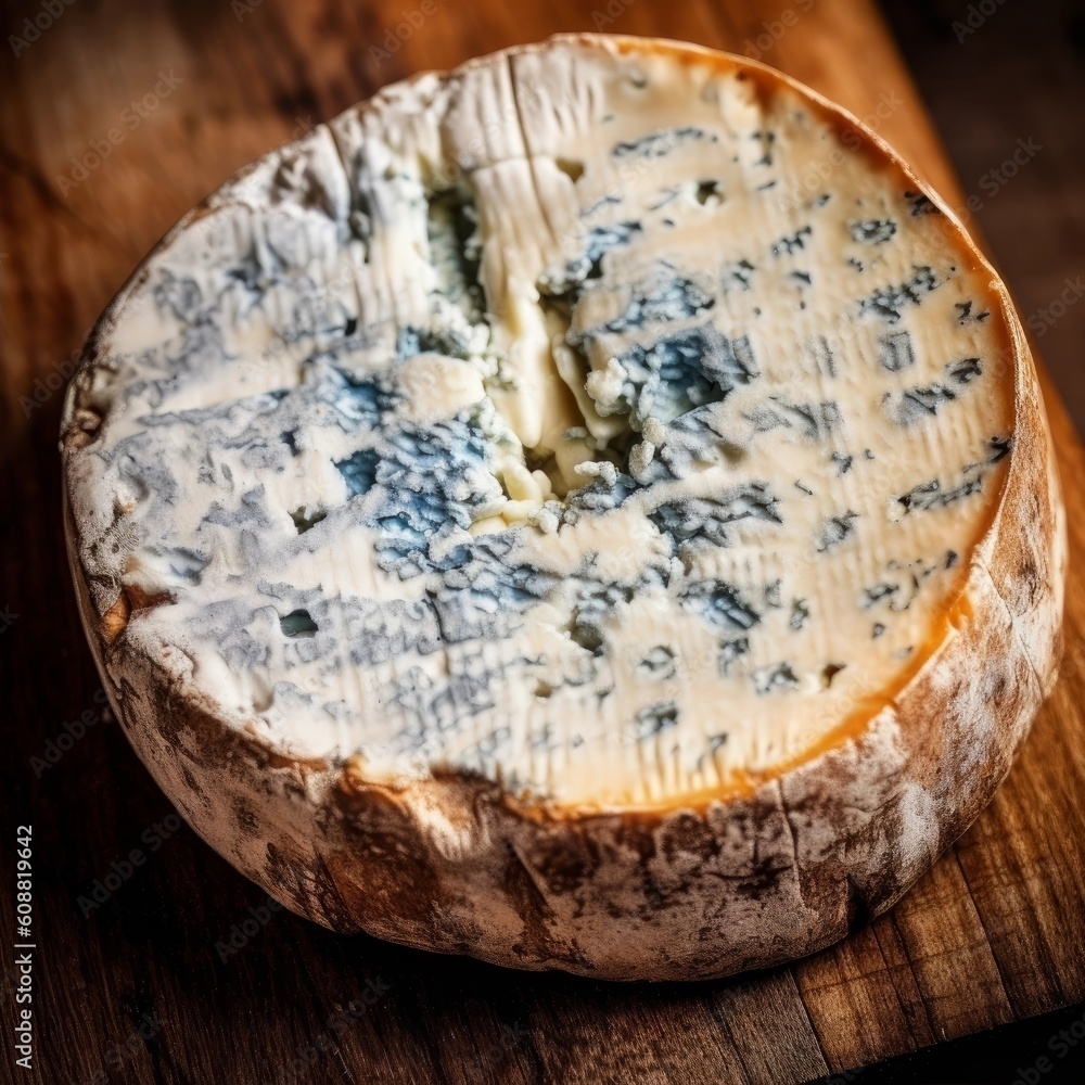 Gorgonzola cheese wheel with visible blue veins and crumbles on a ...