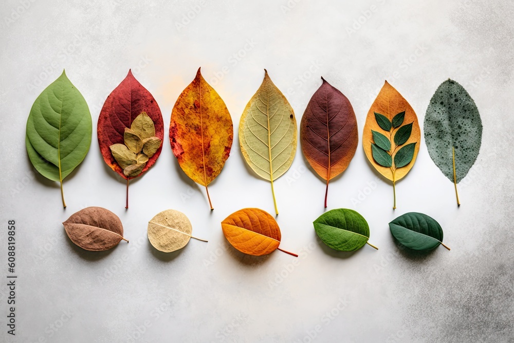 Various leaf colors and ages are arranged over a backdrop of white ...