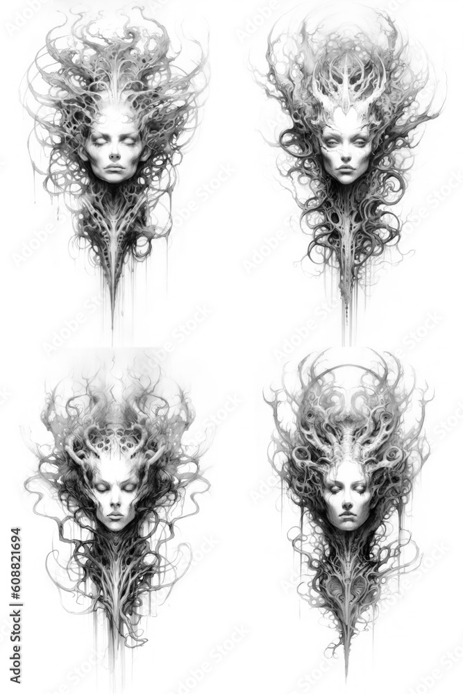 A black and white tattoo sketch of a woman's face with writhing ...