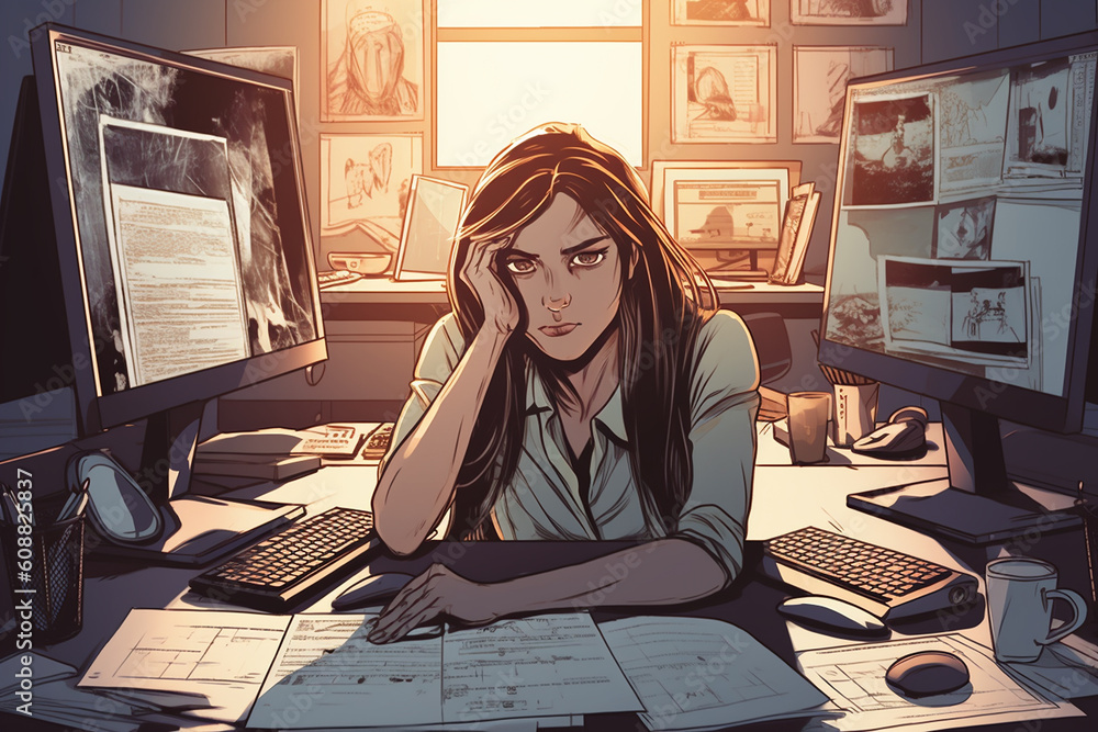A photorealistic image of a woman in a modern office, sitting behind ...