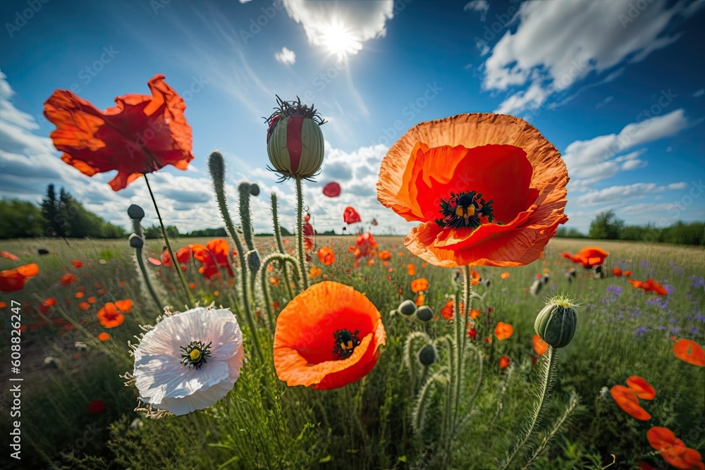 On a hot July day, a magnificent poppy flower field. Generative AI ...
