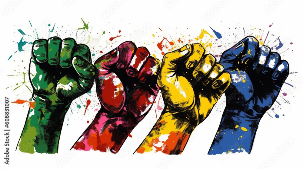 multi coloured fists punching upwards, unity, anti racismn concept ...