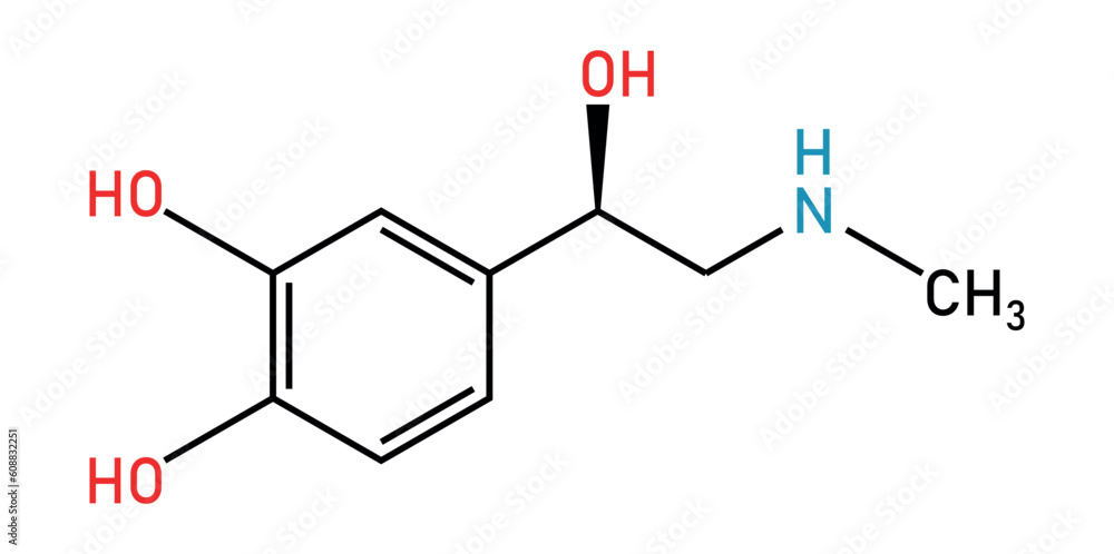 Chemical structure of Adrenaline or epinephrine (C9H13NO3). Chemical ...