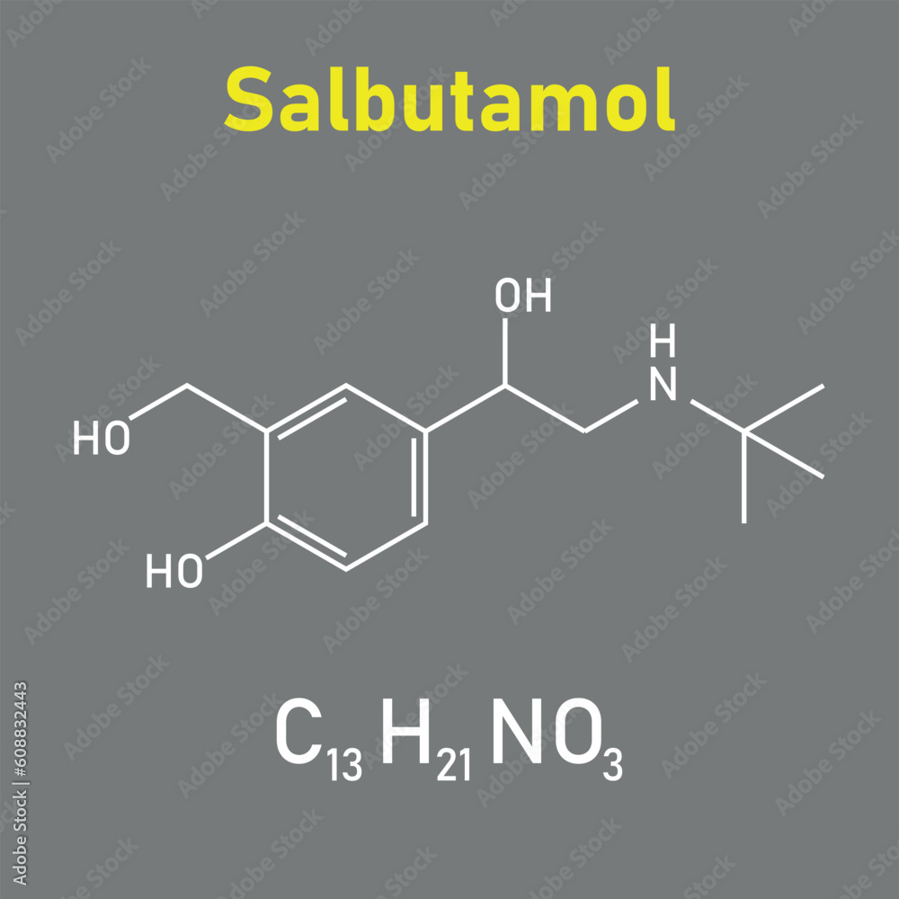 Chemical structure of Salbutamol or albuterol (C13H21NO3). Chemical ...