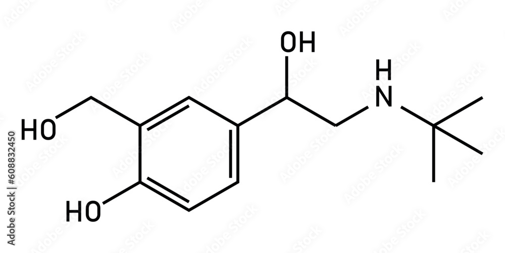 Chemical structure of Salbutamol or albuterol (C13H21NO3). Chemical ...