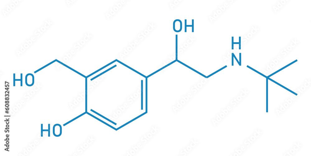 Chemical structure of Salbutamol or albuterol (C13H21NO3). Chemical ...