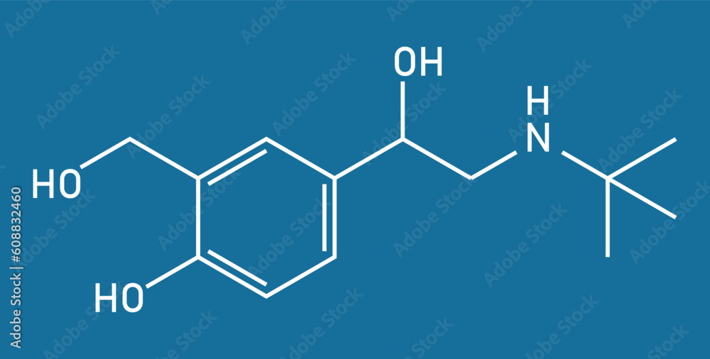Chemical structure of Salbutamol or albuterol (C13H21NO3). Chemical ...