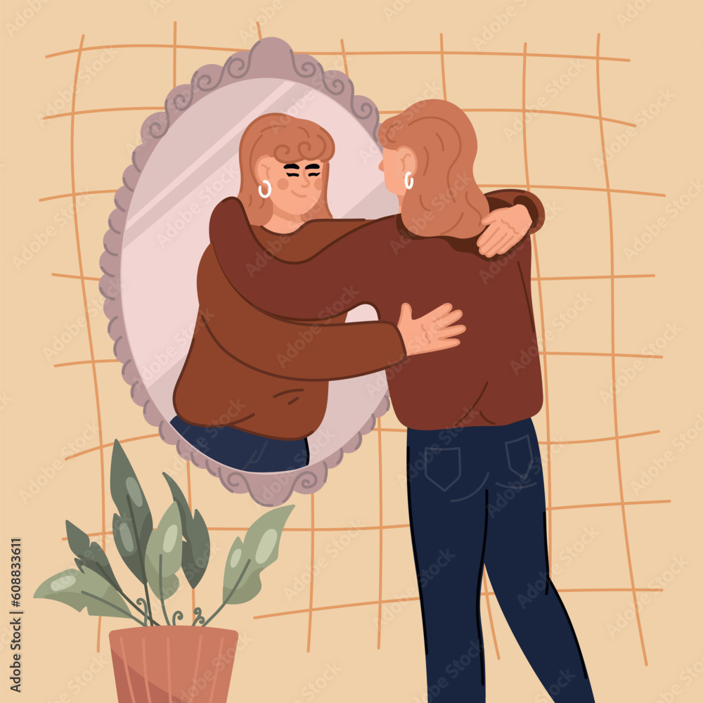 Young woman hugging her own reflection in the mirror. Vector ...