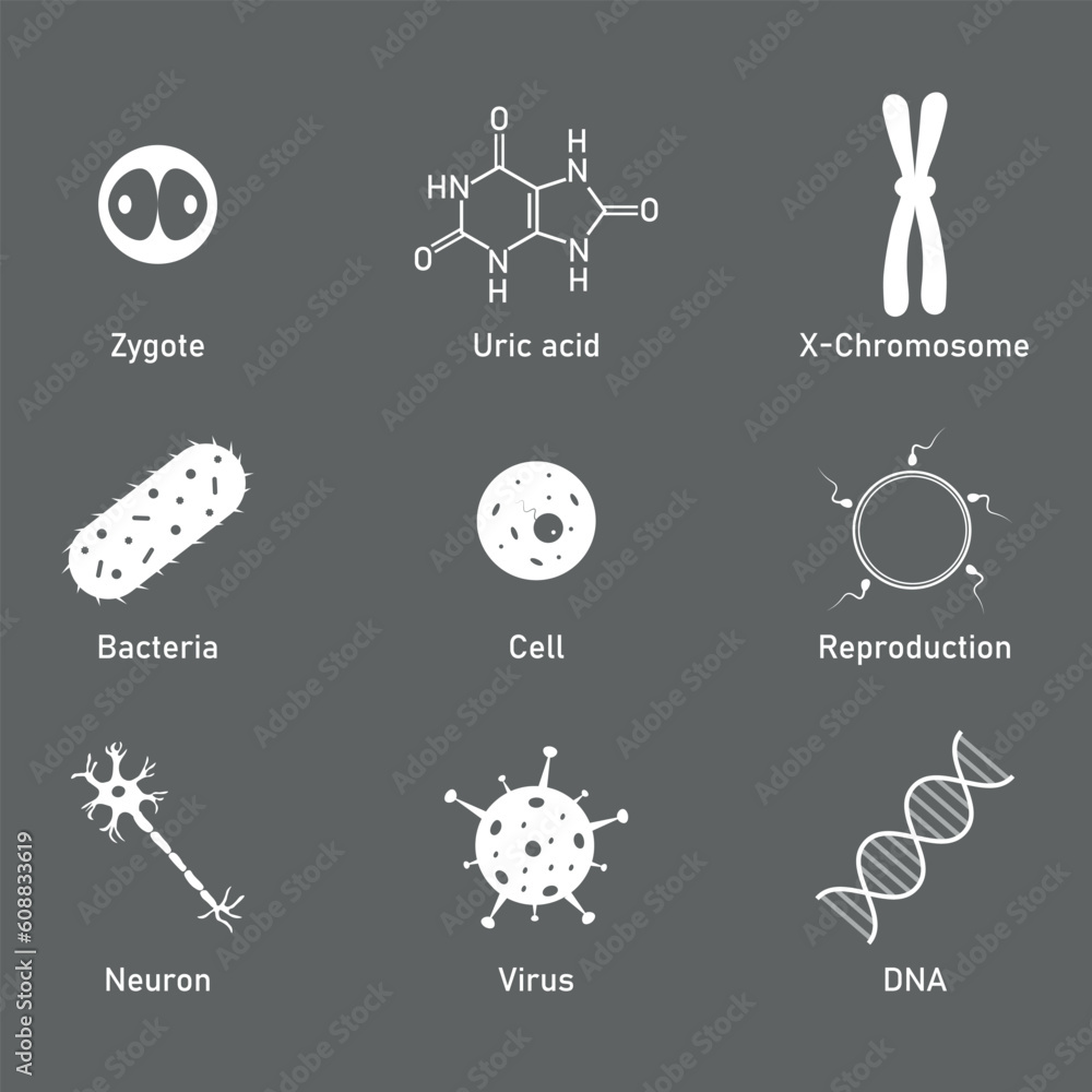 Biology science icon. Uric acid, bacteria, cell, neuron, virus, DNA ...