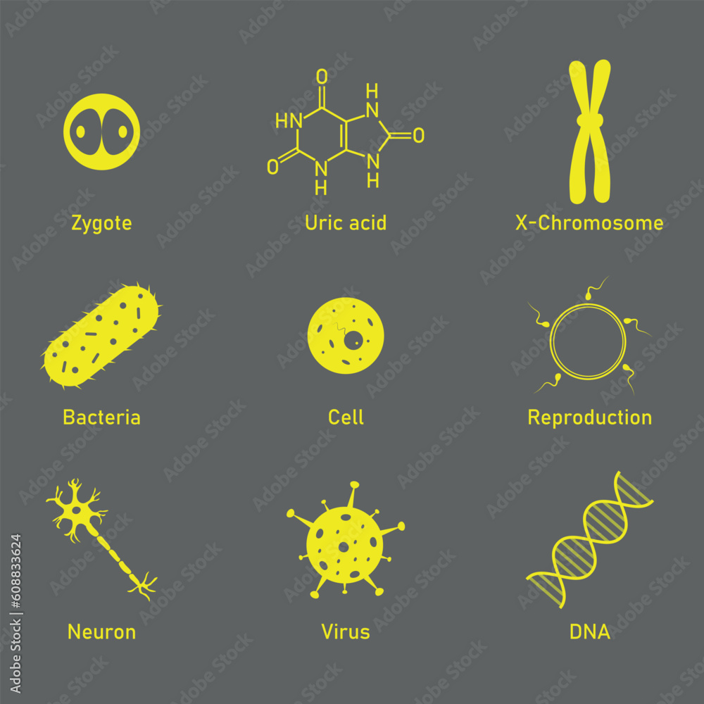 Biology science icon. Uric acid, bacteria, cell, neuron, virus, DNA ...