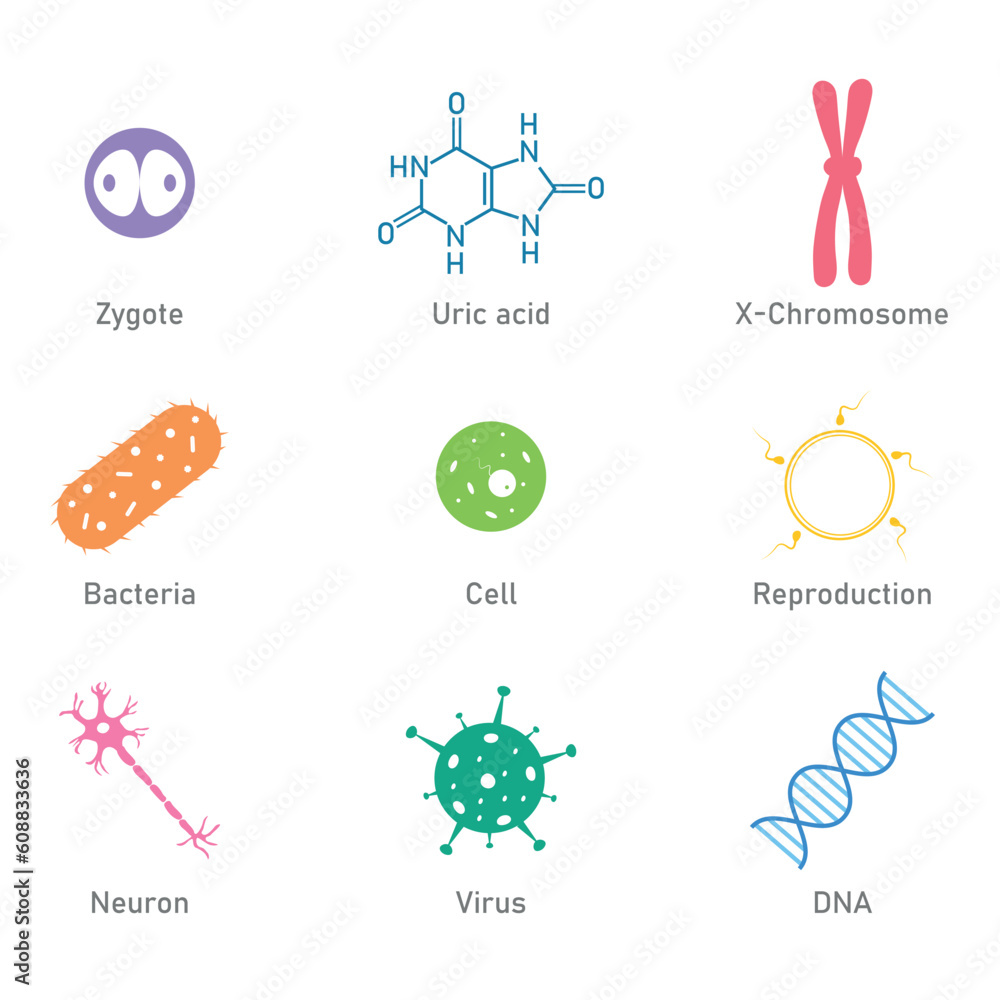 Biology science icon. Uric acid, bacteria, cell, neuron, virus, DNA ...