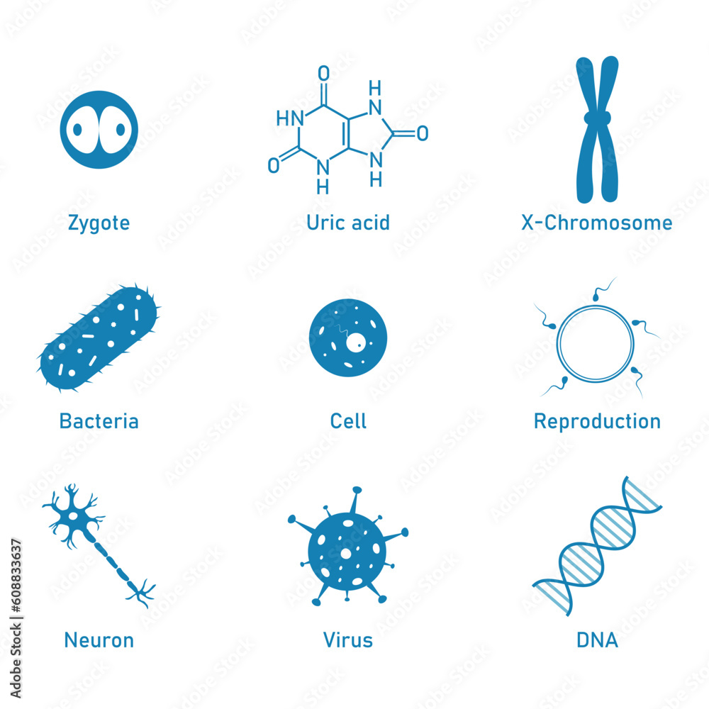 Biology science icon. Uric acid, bacteria, cell, neuron, virus, DNA ...
