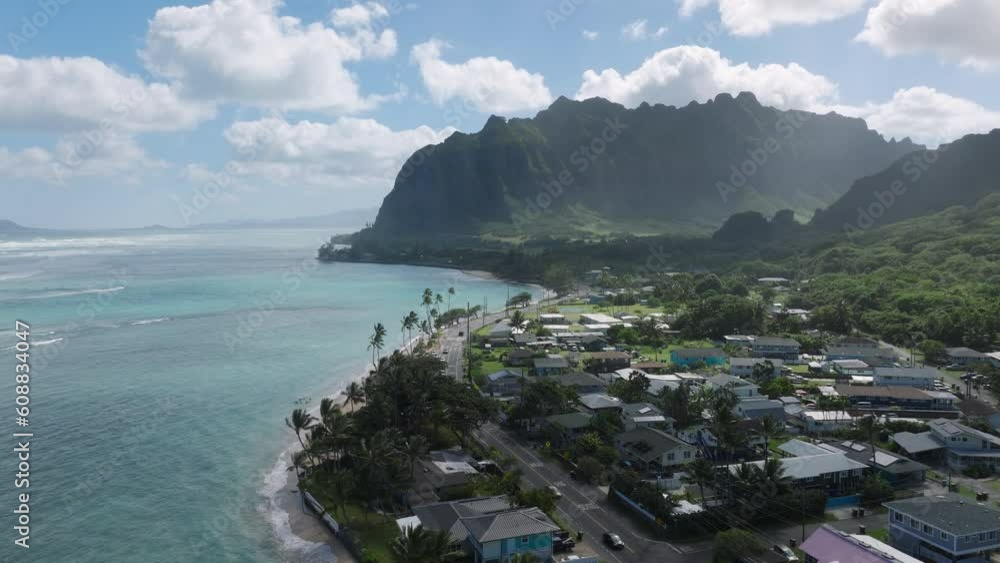 Cinematic aerial Kualoa Ranch Park, Oahu island USA. Drone flying along ...