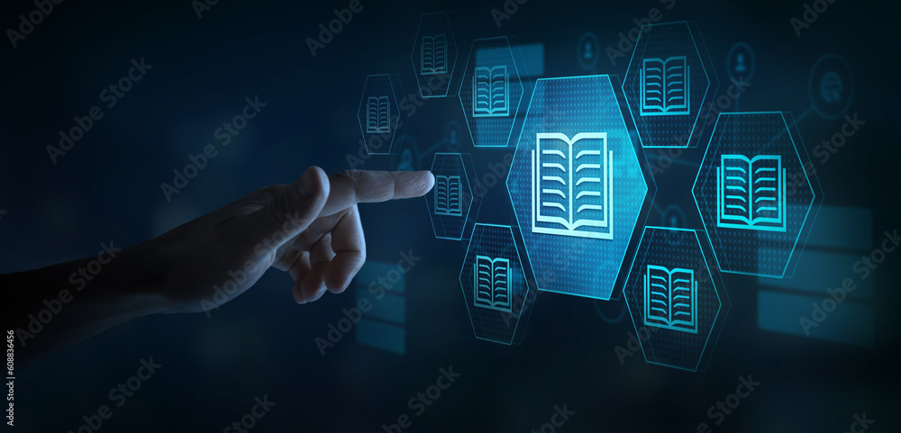 e-library, many e-book icons, electronic books online, knowledge base ...