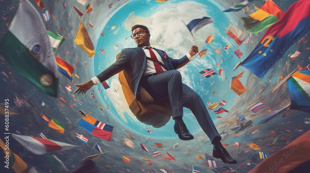 Portraits of a happy man, politics in a suit flies in the sky with ...