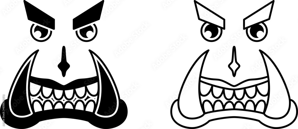 black white monster face, fangs. line art, silhouette style. used for ...