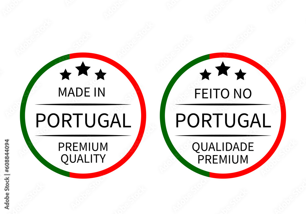 Vetor de Made in Portugal round labels in English and in Portuguese ...