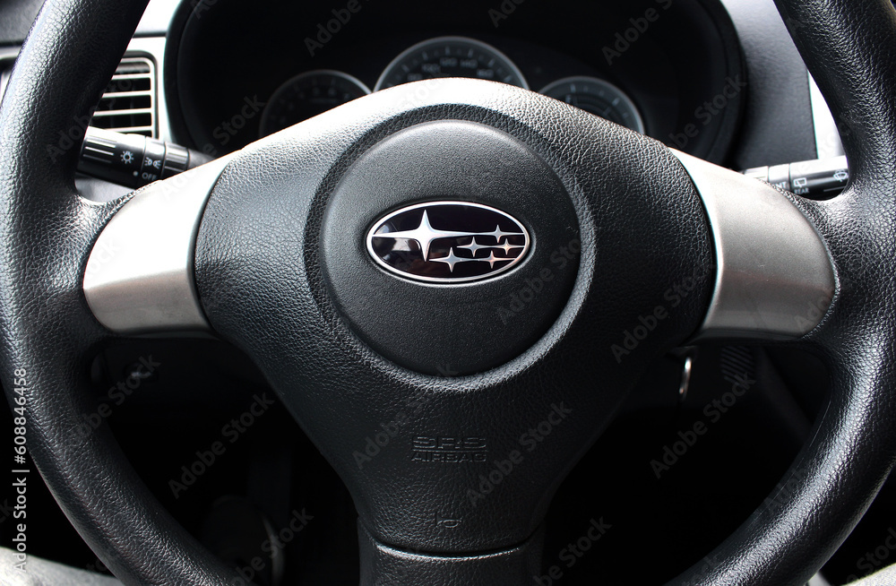 Vinnytsia, Ukraine; May 27, 2023. Subaru Impreza steering wheel. Subaru ...