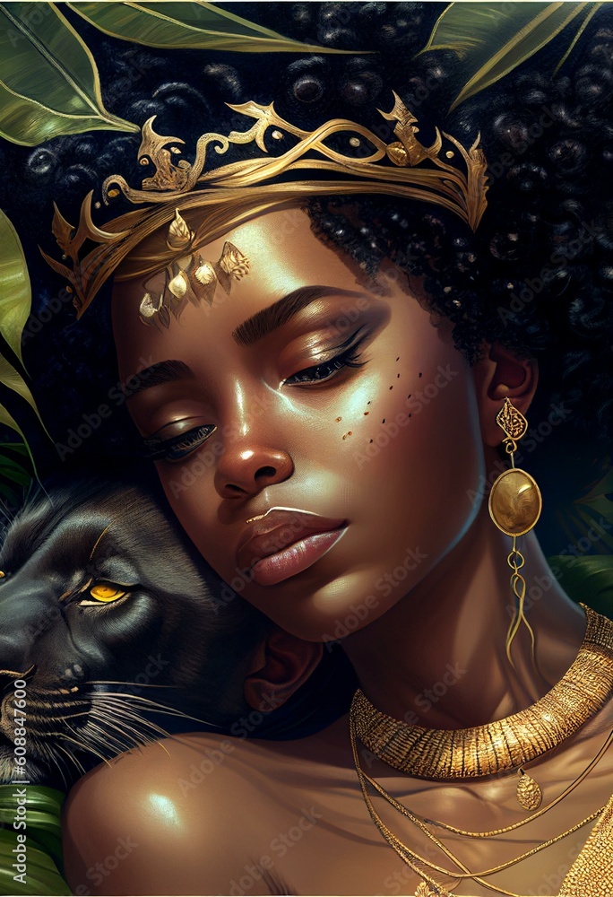 Beautiful African Model In Jungle With Beautiful Black Panther, Queen ...