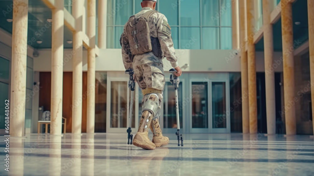 Physical therapy in the hospital. Rehabilitation of a soldier with leg ...