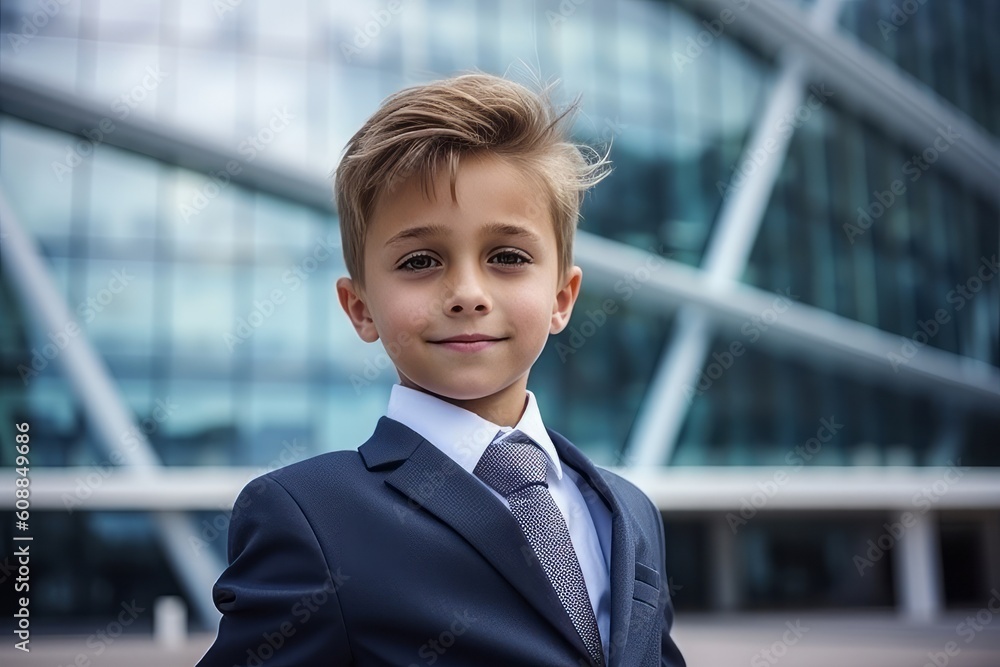 child boy that is wearing a suit and tie against a modern corporate ...