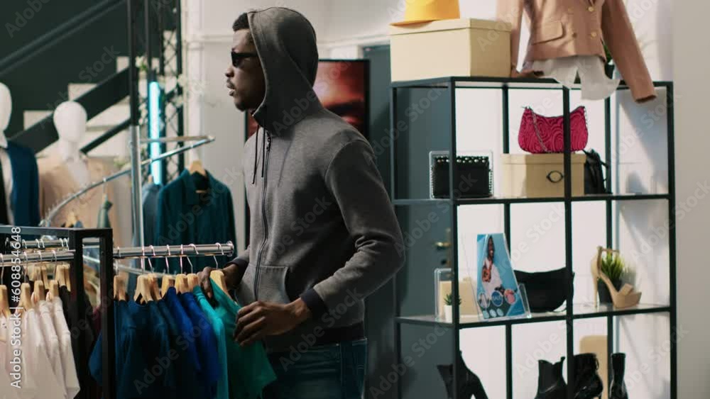 Robber wearing hood and sunglasses while trying to stole fashionable ...