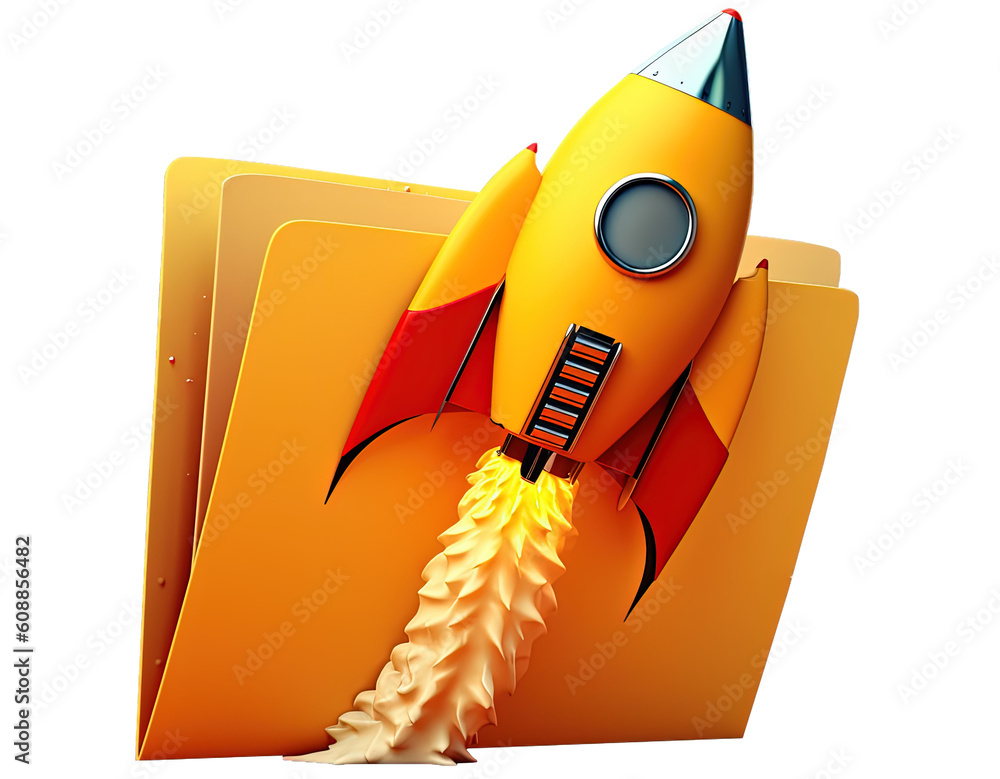 Rocket taking off and file folder, Rocket and document folder on ...