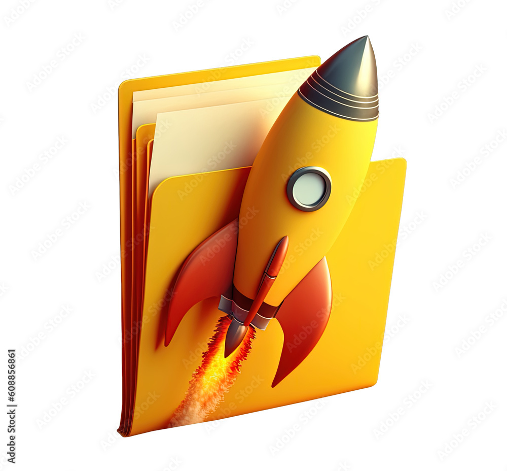 Rocket taking off and file folder, Rocket and yellow document folder on ...