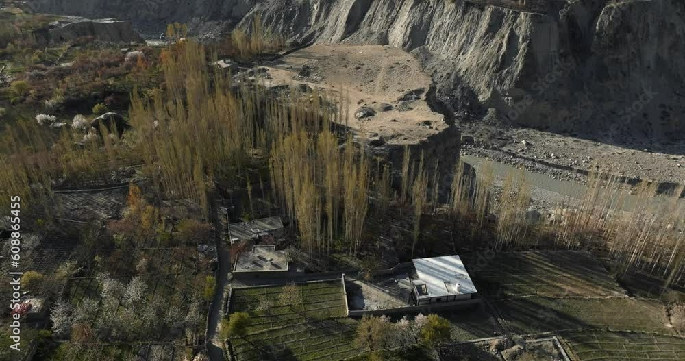 An aerial view of a village and fields during blossom, with an amazing ...