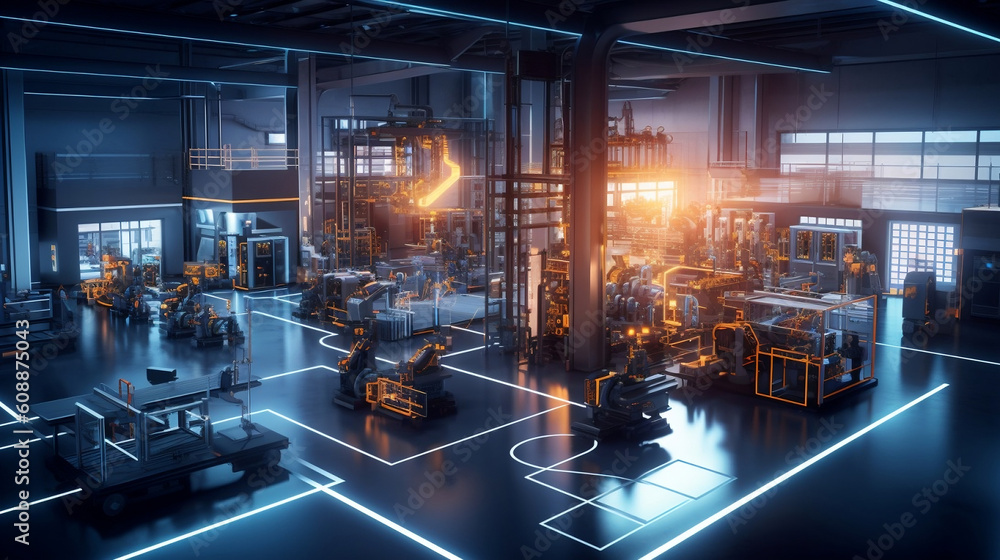 Industry 4.0 smart factory interior showcases IIoT machines, efficient ...