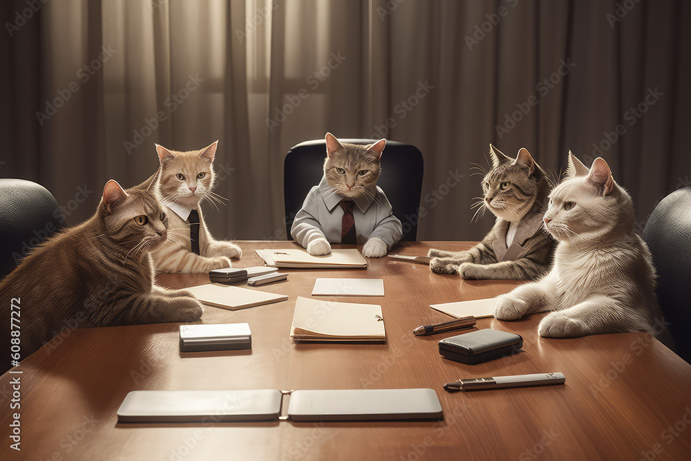 Cats sitting around a boardroom table, dressed in business suits, one ...