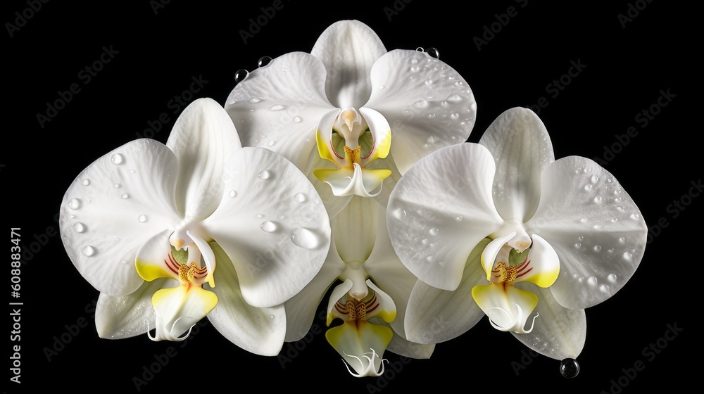 Close-up of elegant white orchids on black background. Deepest sympathy ...