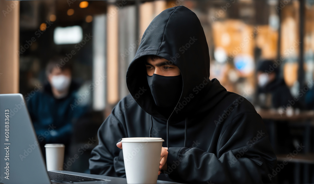 Hacker in black hoodie and mask that hides his face with cafe ...