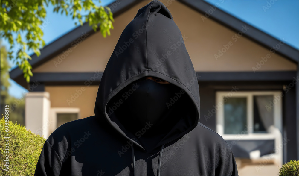 Hacker in black hoodie and mask that hides his face outside of house ...