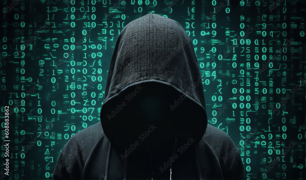 Hacker in black hoodie and mask that hides his face with matrix ...