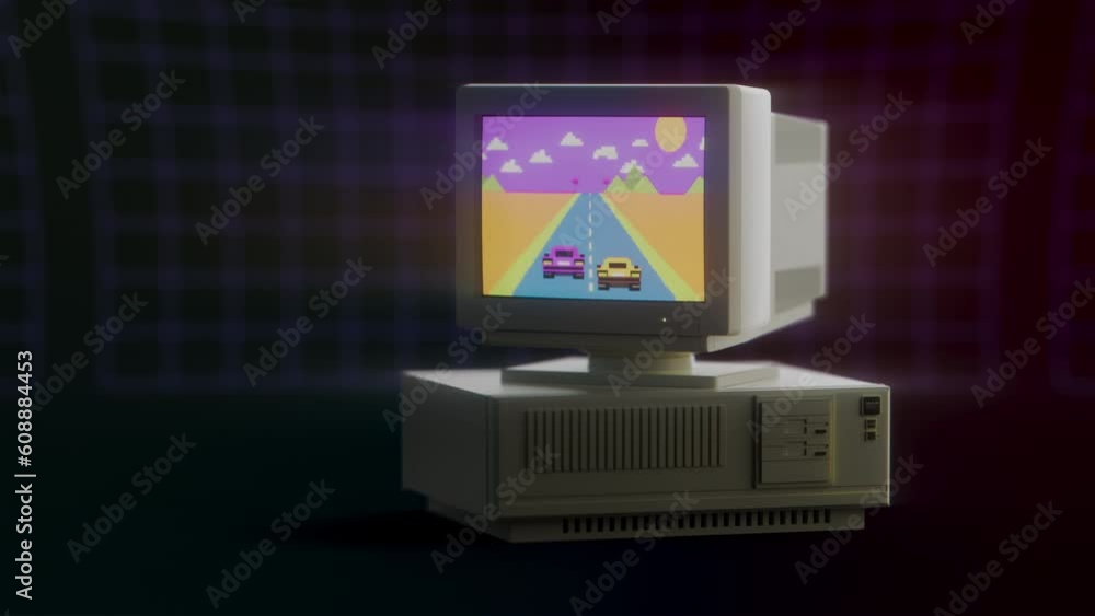 Retro Gaming Vintage PC with CRT Screen and gamer atmosphere. Intro ...