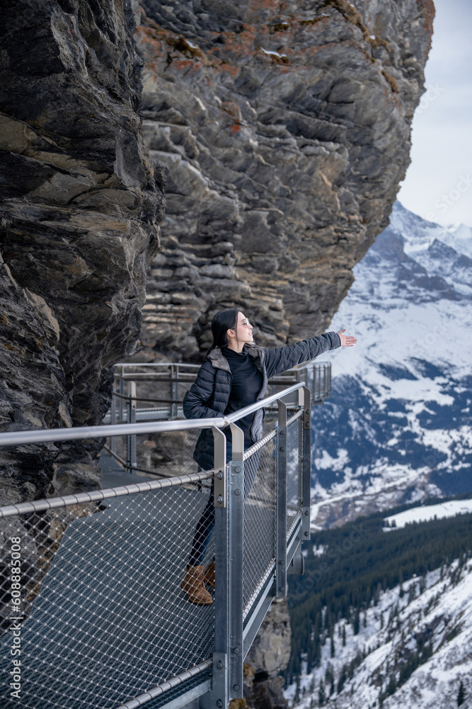 Grindelwald first, Switzerland .Woman on First Cliff Walk viewing ...