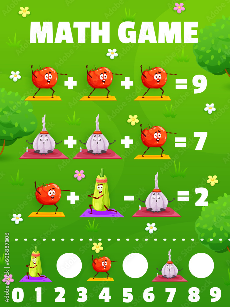 Math game worksheet, cartoon funny vegetable characters on yoga, vector ...