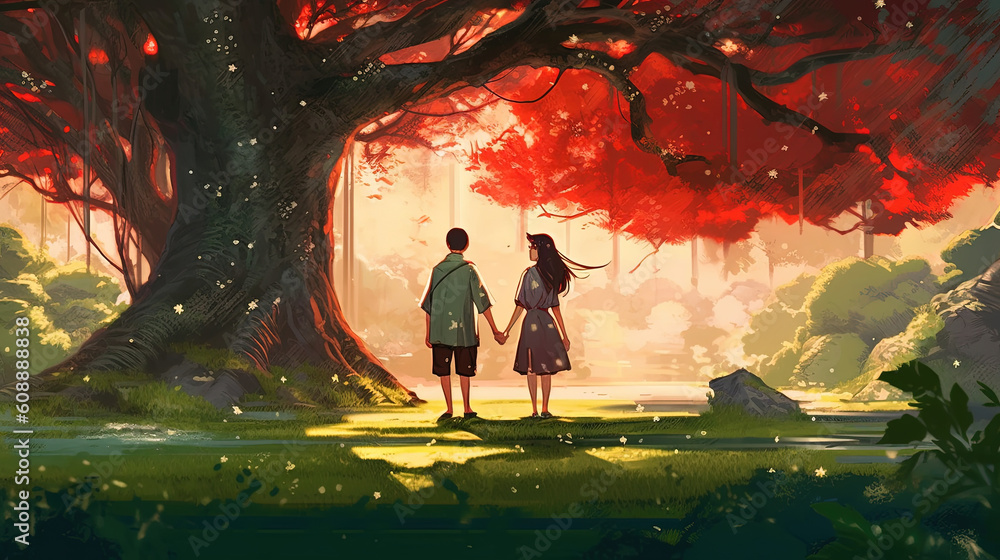 Anime characters standing next to each other standing under a tree with ...