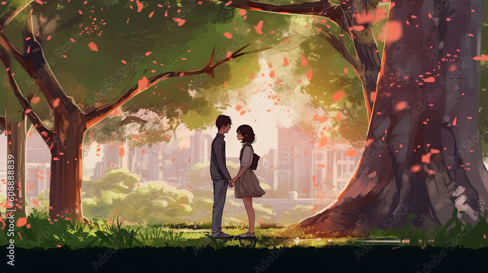 Anime characters standing next to each other standing under a tree with ...
