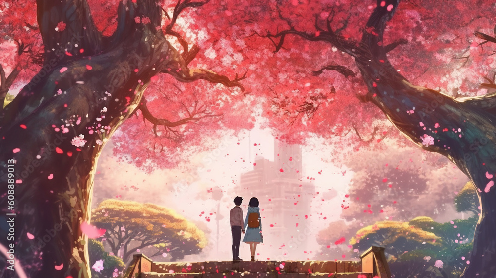 Anime characters standing next to each other standing under a tree with ...
